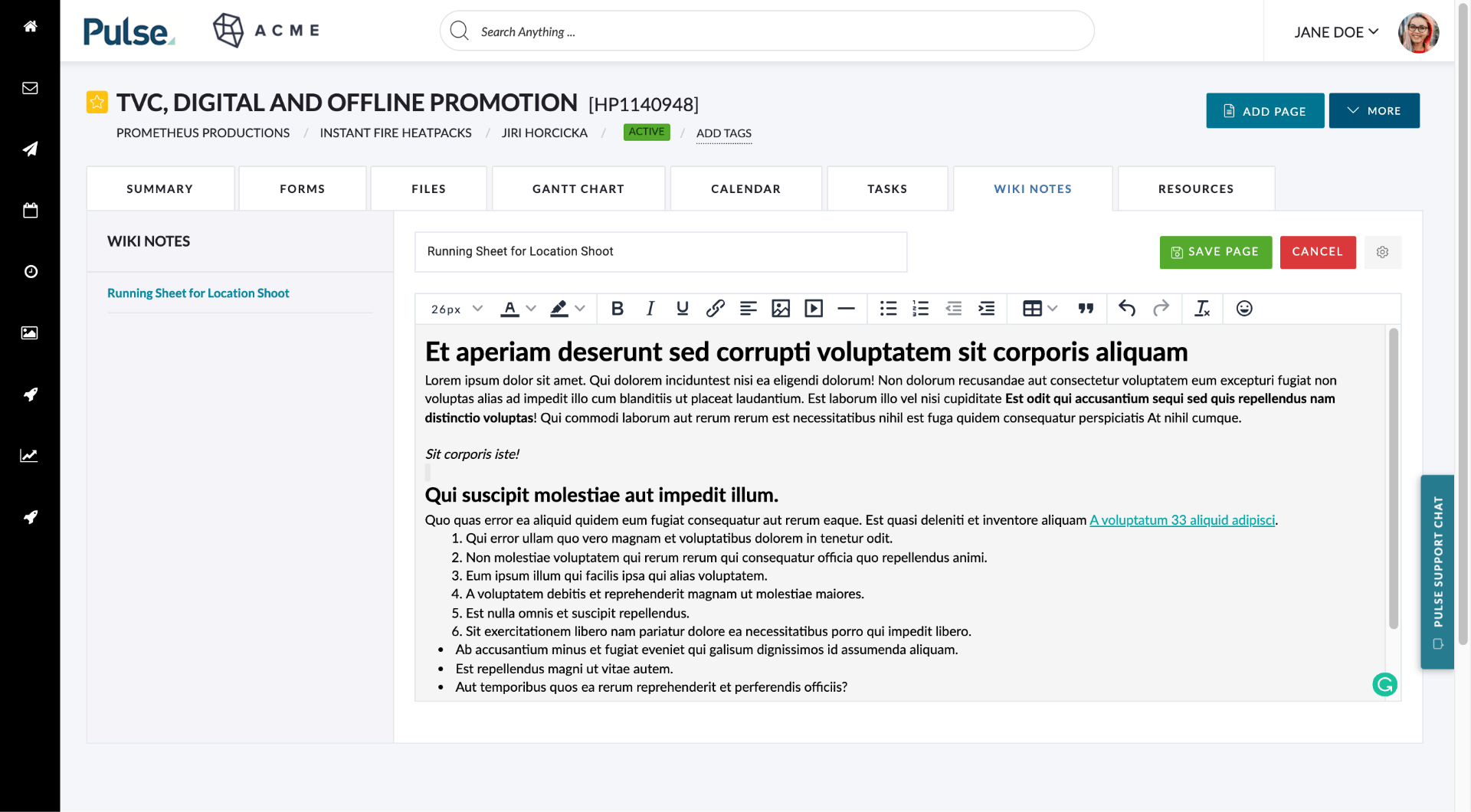 Editing Pages - Pulse Project Management Software