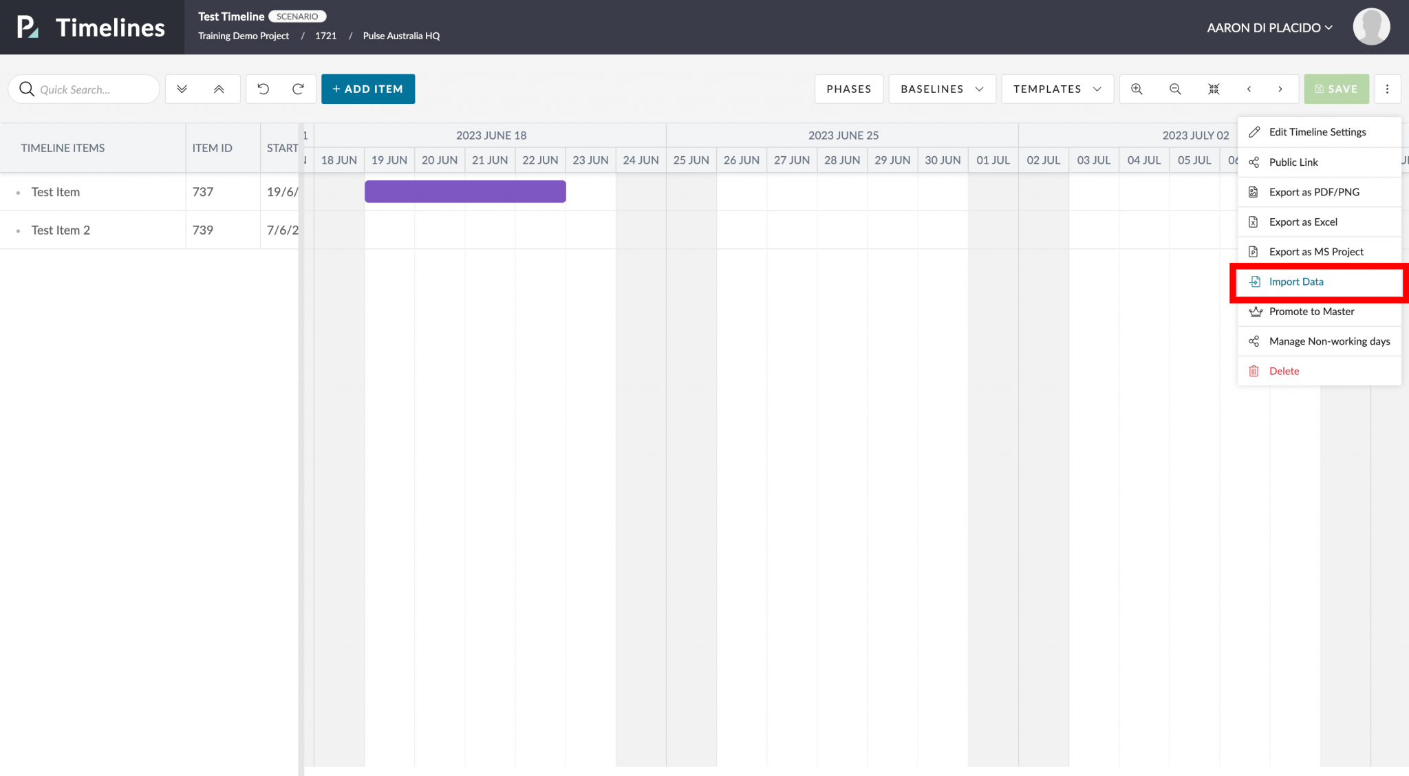 Import To Timeline - Pulse Project Management Software